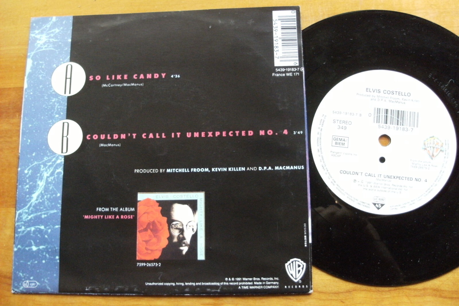 ELVIS COSTELLO 1991 SO LIKE CANDY 45 rpm 7" VINYL SINGLE MINT RECORD ...