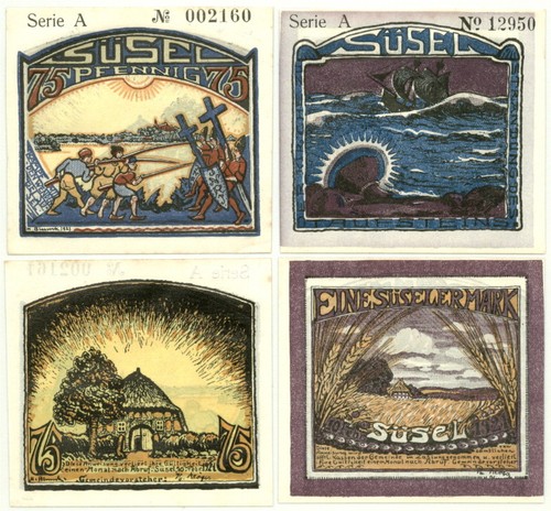 COLORFUL PAIR OF SUSEL NOTGELD NOTES 75 PFENNIG & 1 MARK 1921 CAT. 60 ...