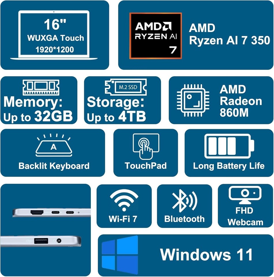 Dell Plus Copilot + PC 16" 2K Touch Laptop AMD Ryzen AI 7 350 32GB RAM ...