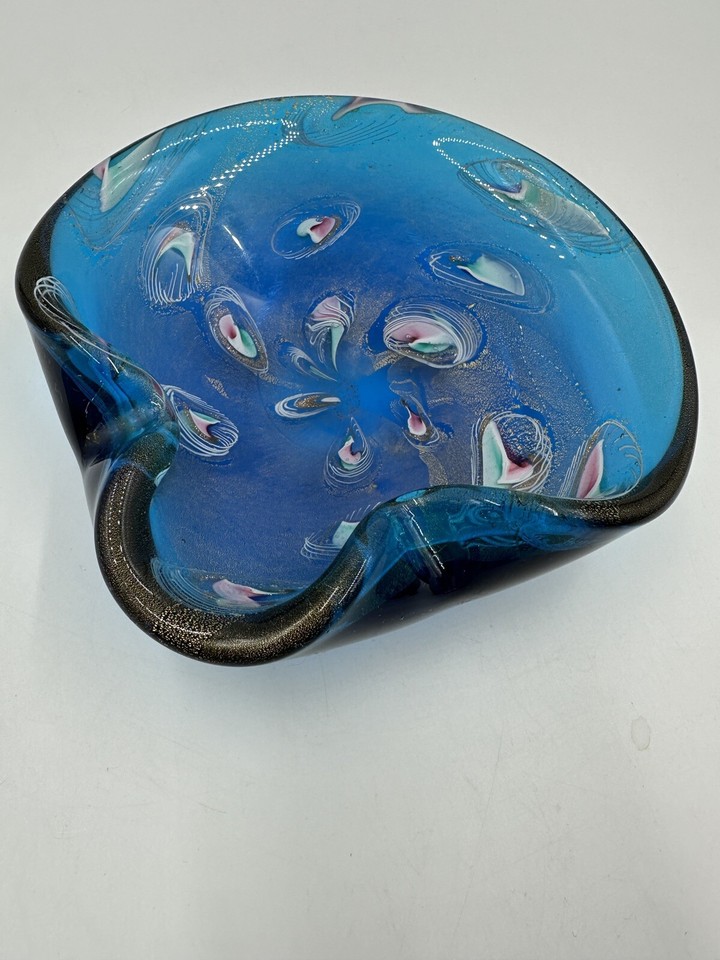 Vintage MURANO Italy Art Glass TUTTI FRUTTI Cenedese Bowl Sea Blue Gold ...