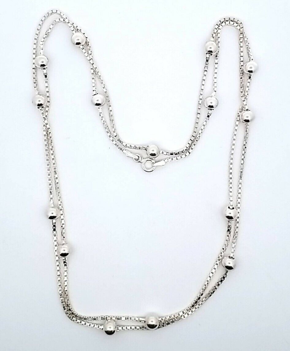 925 Sterling Silver Ball Bead Station Box Chain 38" N… - Gem