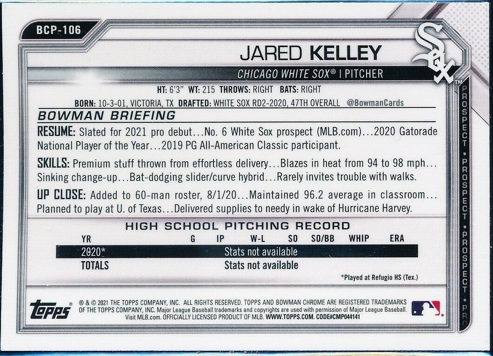 2021 Bowman Baseball Jared Kelley Chrome Prospect #BCP-106 Chicago ...