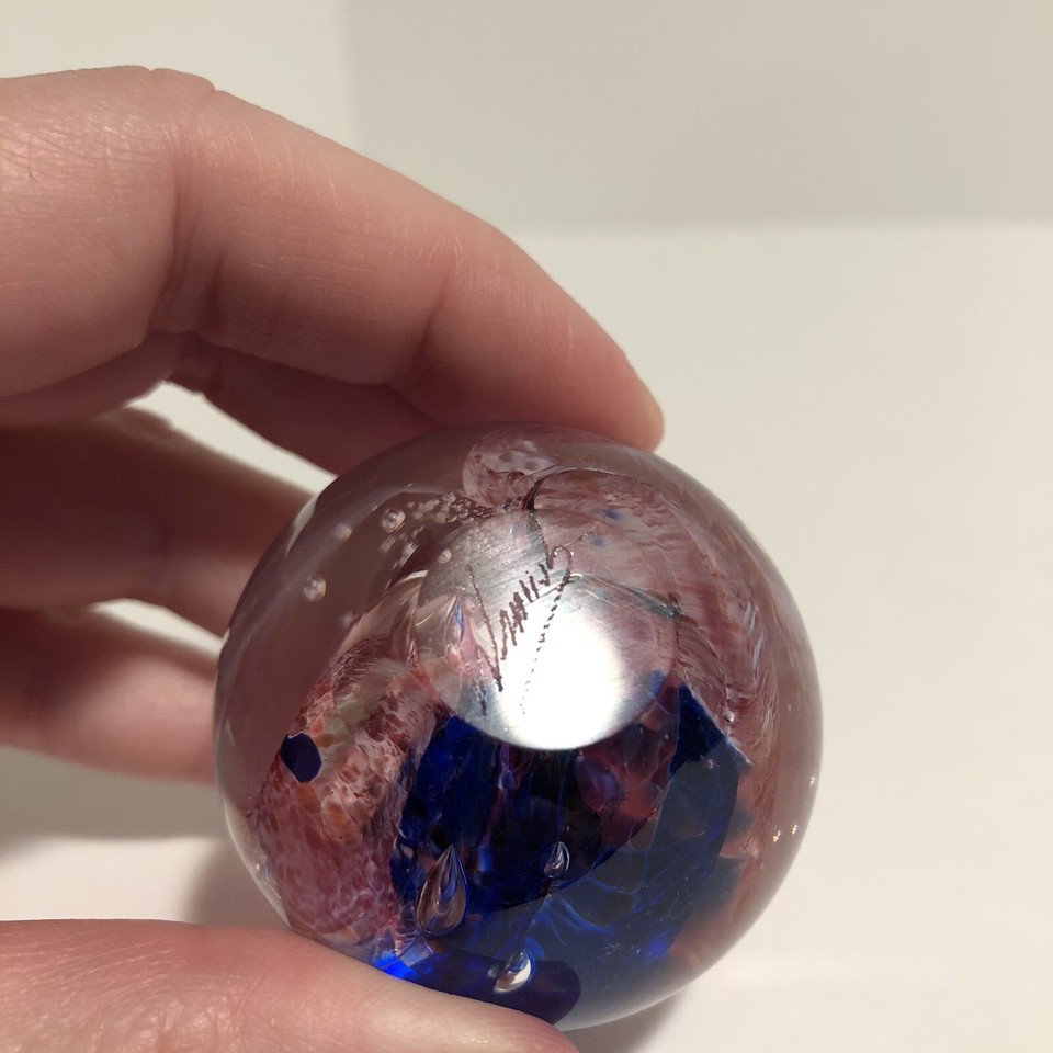 1.75” Glass Paperweight Abstract Swirl Design Pink Blue White Signed ...