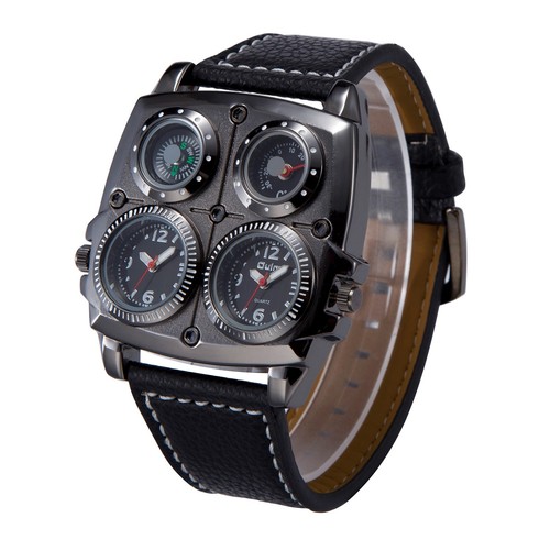 Military Army Dual Time Zones Movements Quartz Watch Black Leather ...