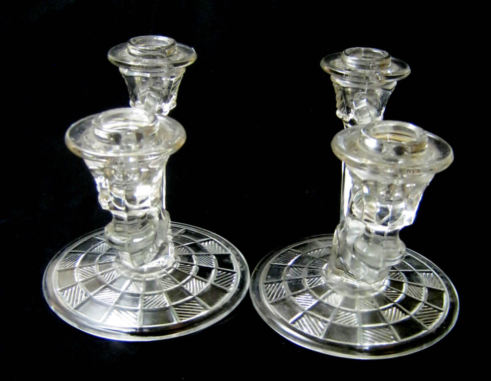 Mid Century INDIANA GLASS Block & Rib Pattern Double Arm CANDLE HOLDERS ...