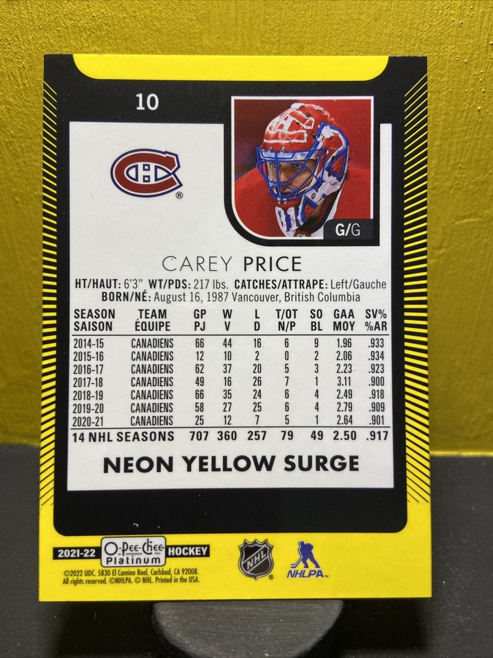 2021-22 O-Pee-Chee Platinum Neon Yellow Surge Carey Price #10 | eBay