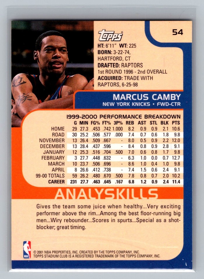 Marcus Camby 2000-01 Stadium Club #54 New York Knicks C21 | eBay