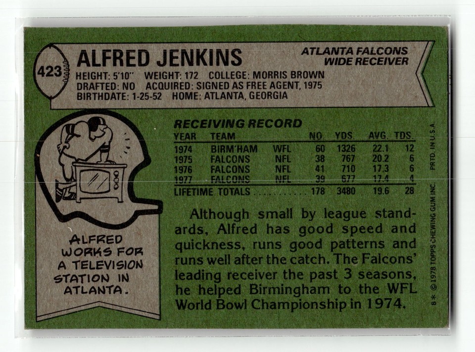 1978 Topps Alfred Jenkins Rookie #423 football card Atlanta Falcons | eBay