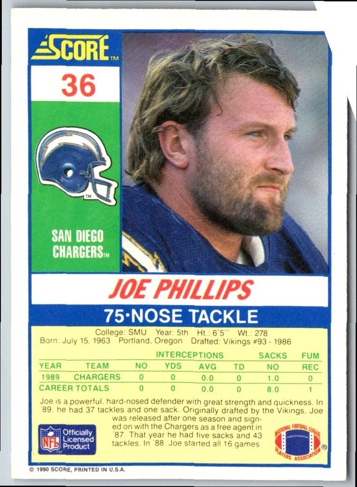 1990 Score Joe Phillips #36 San Diego Chargers Football Card | eBay