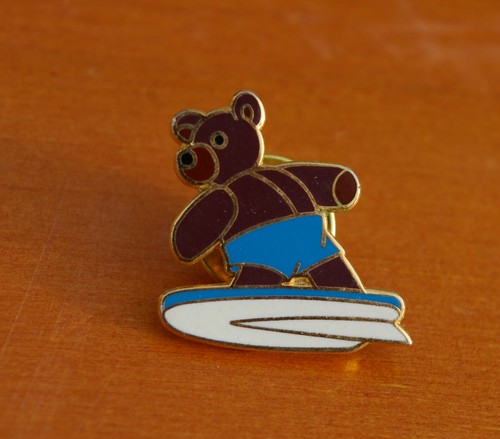 Surfing Surf Brown Teddy Bear Blue Swim Shorts Trunks Metal Enamel Pin ...