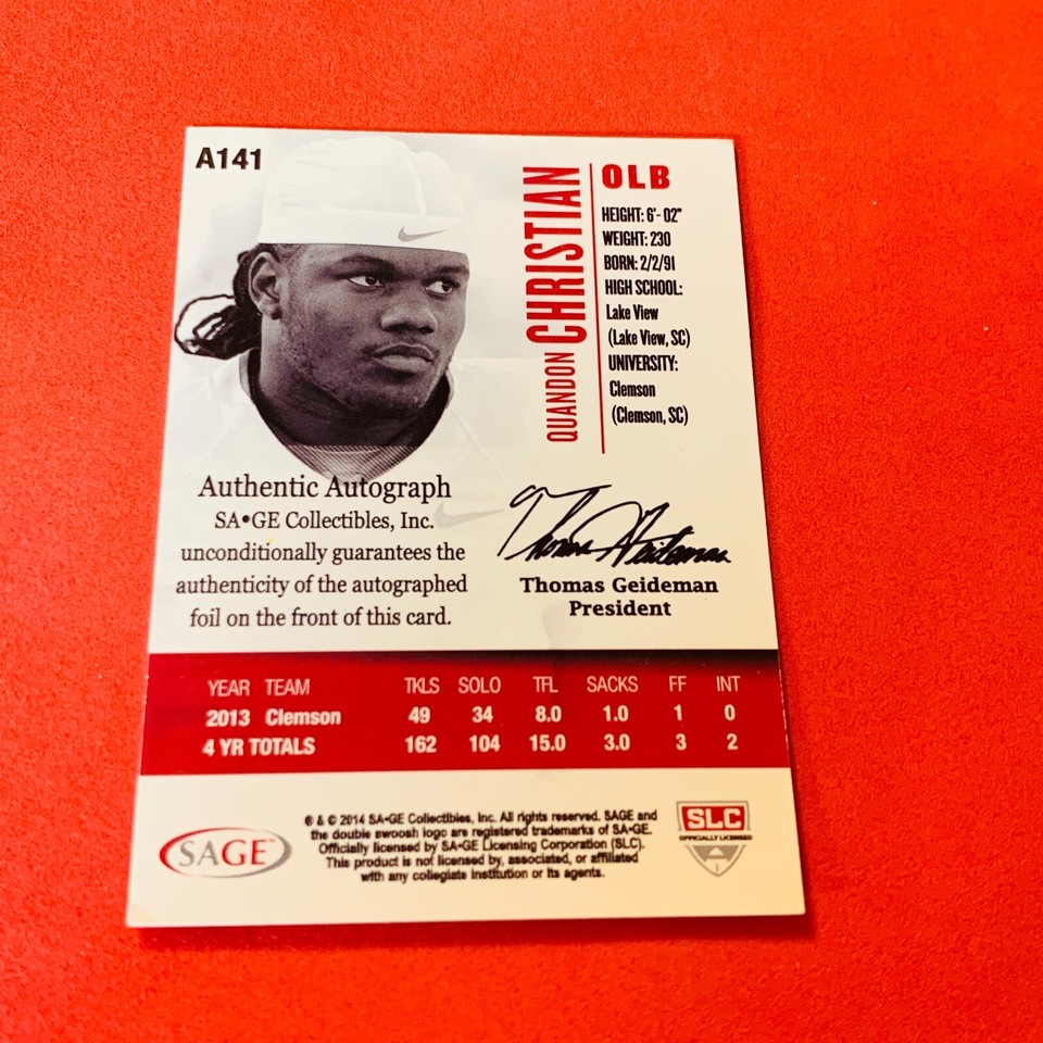 Quandon Christian ROOKIE AUTO Clemson / Commanders 2014 Sage Hit ...