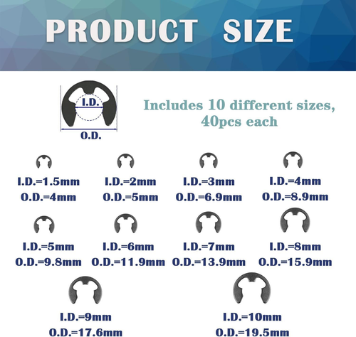 400PCS 10 Size E-Clips Assortment Kit Black Alloy Steel E Clip Circlip ...
