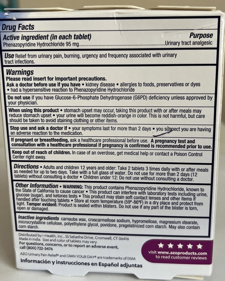Azo Standard Tablet 30 Tablets Urinary Pain Relief Exp 12/2025 | eBay