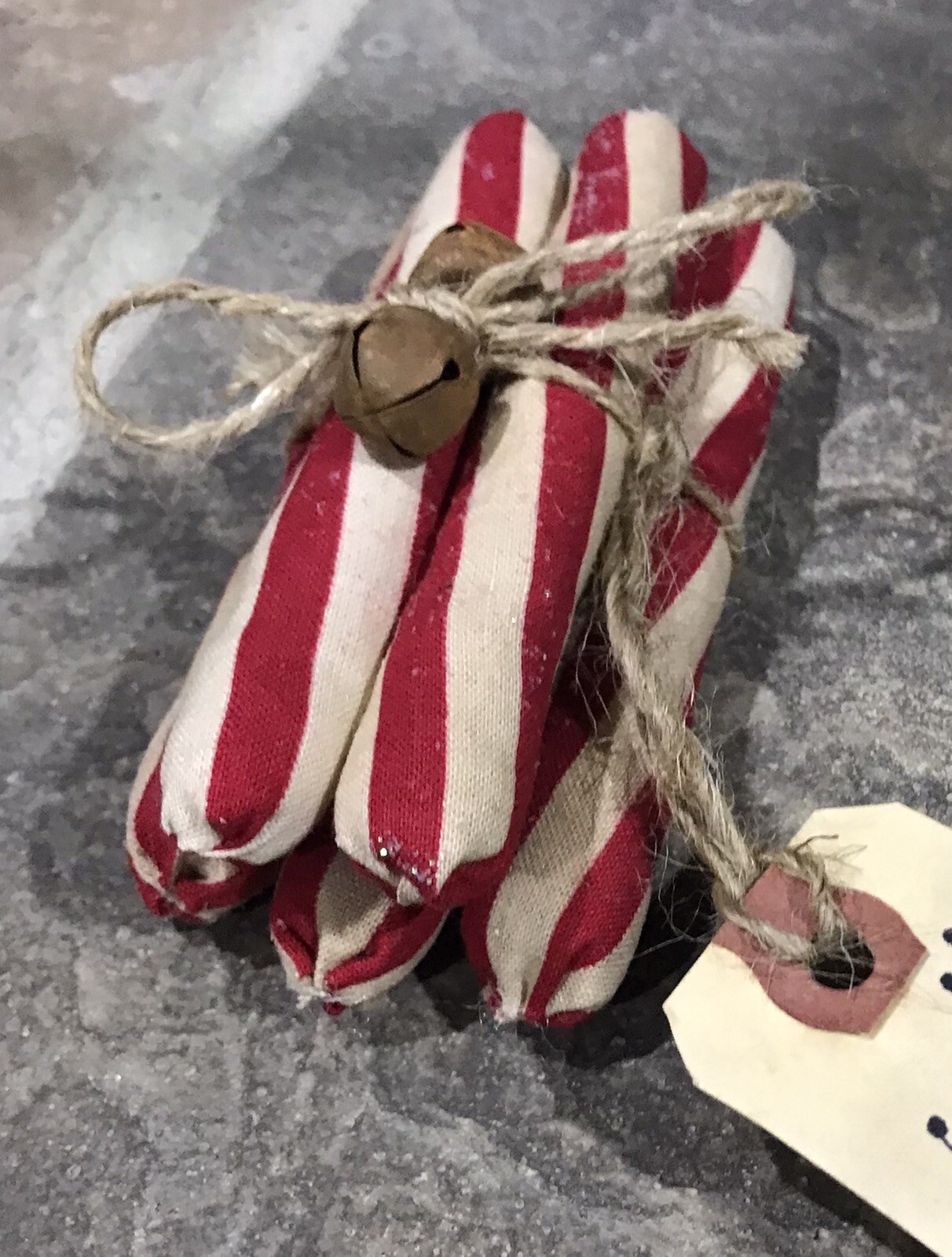 Five Primitive Rustic Peppermint Sticks Jute String Rusty Bells Grubby Tag | eBay