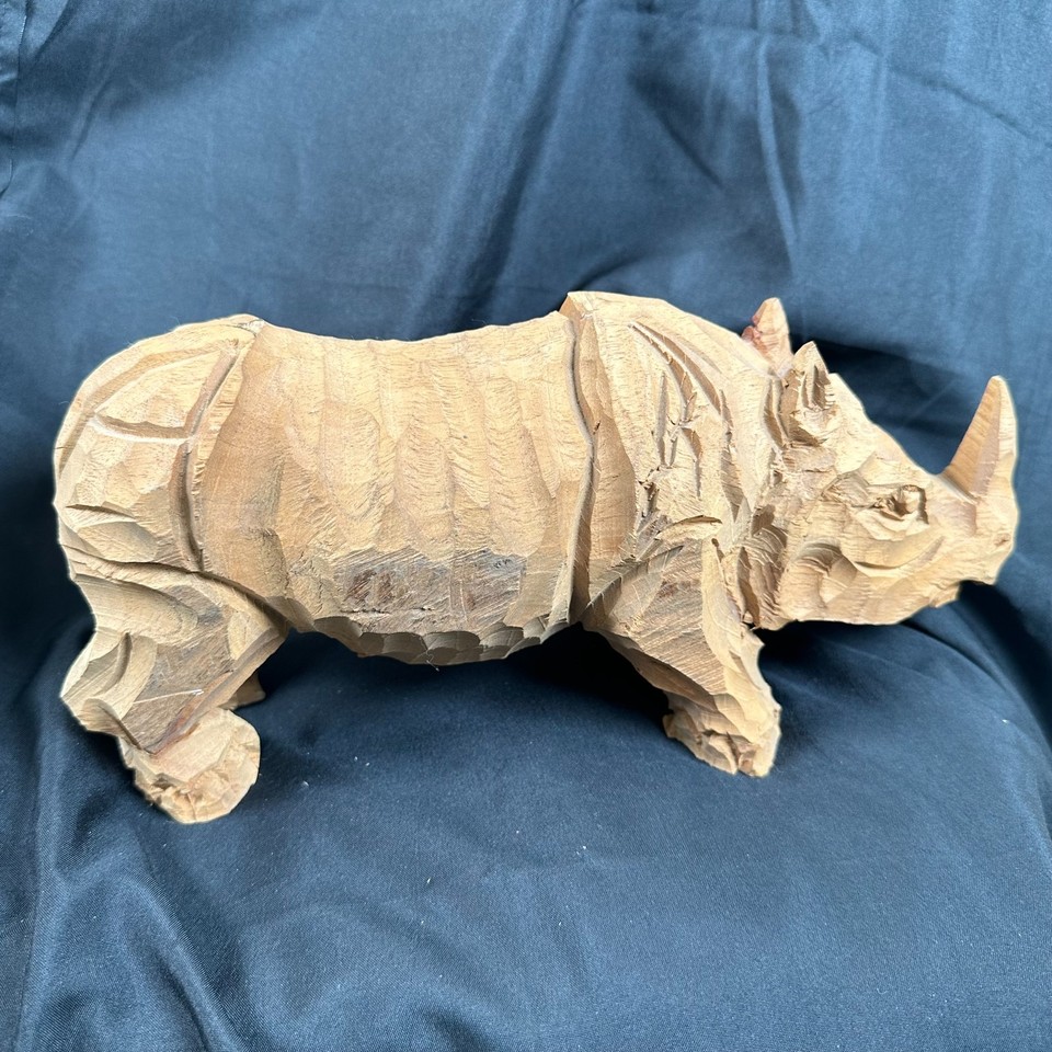 Hand Carved Wooden Rhino Non-Polished Figure Statue Raw Wood Rhinoceros ...