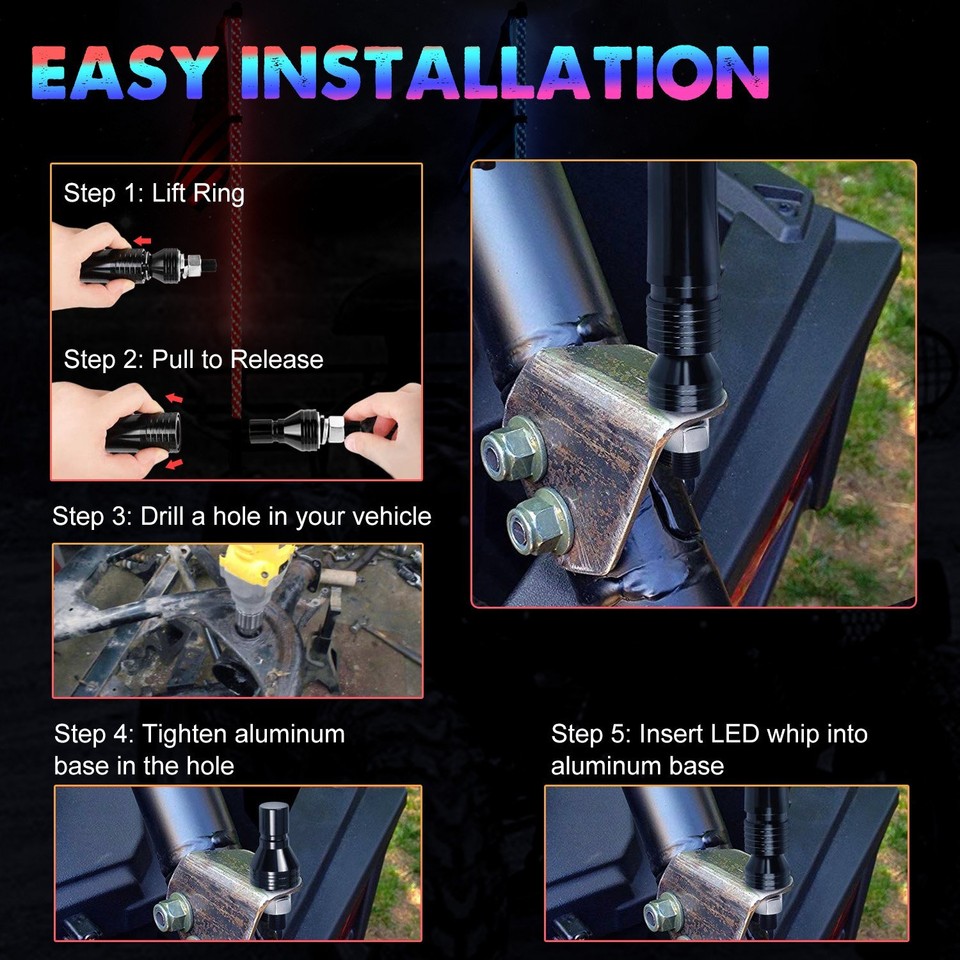 2Pcs 5ft LED Whip Remote Control Antenas LED Quick Release Light For ...