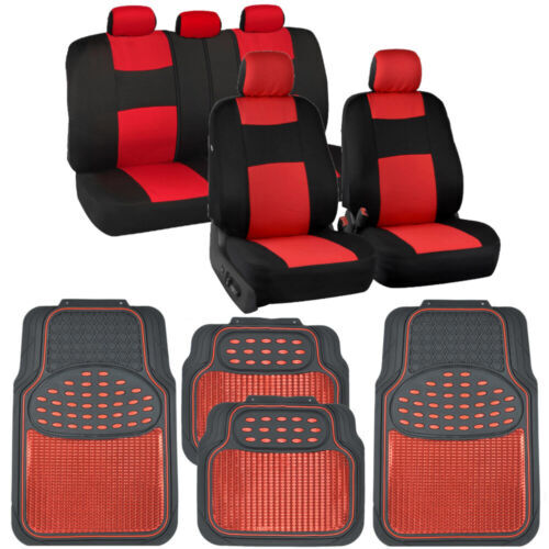 Full Set Red Car Seat Cover Combo w/ Rubber Metallic Floor Mats - Front ...