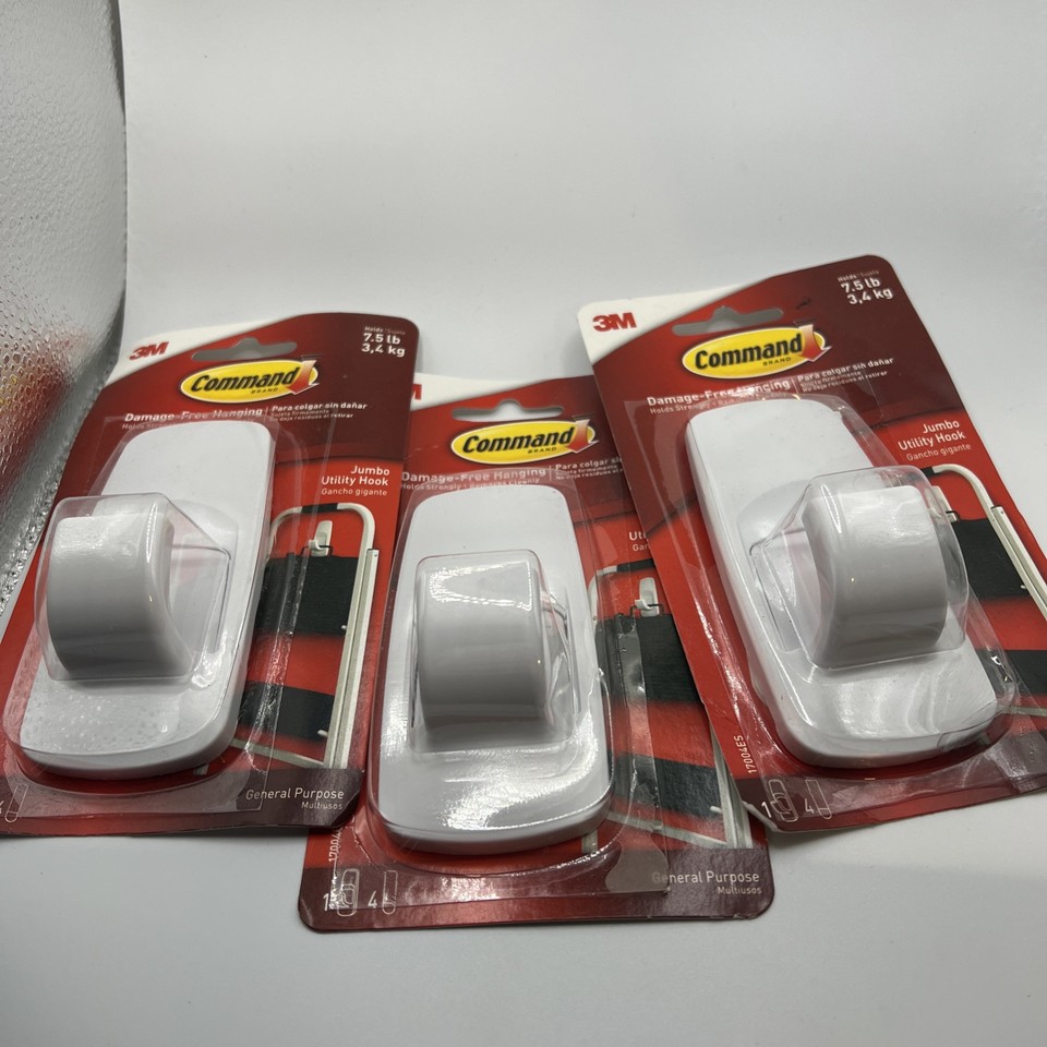 2 Pack New ! Command Jumbo Hook, White, 1 Hook, 2 Strips/Pack (17004-RR ...