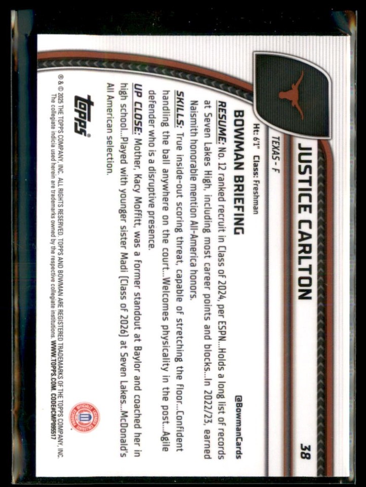 2025 Bowman U Chrome Black Wave Justice Carlton Texas 38 1st Bowman | eBay