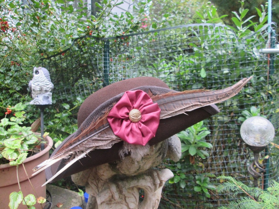 REENACTOR 18TH C REV WAR COLONIAL LADIES SIDE COCKED BROWN WOOL MARKET ...