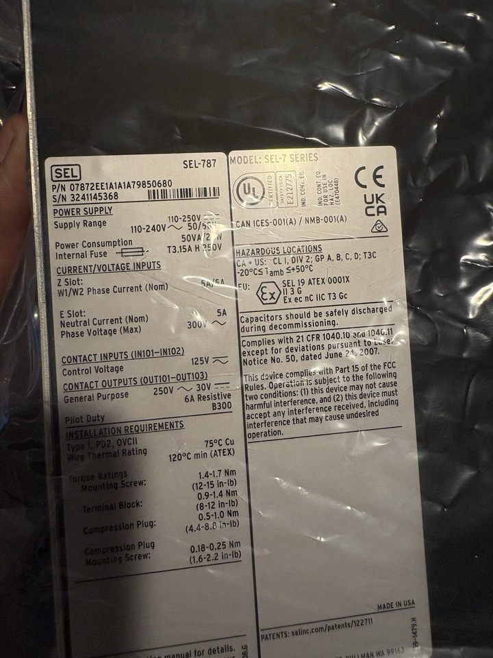 Schweitzer SEL-787 Feeder Protection Relay new | eBay