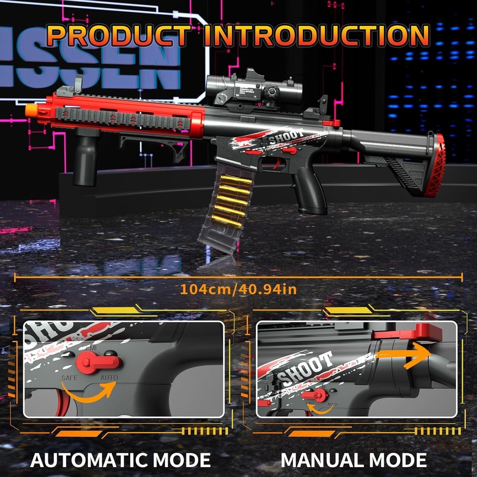 Electric Soft Bullet Toy Gun for Boys, Auto-Manual Shell Ejecting Red ...