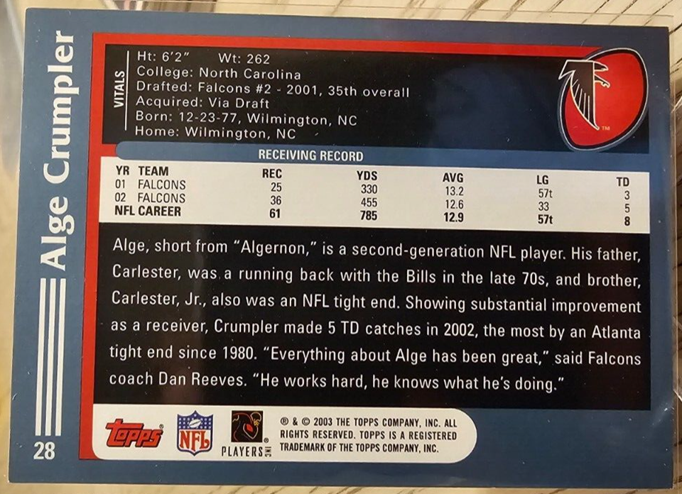 2003 Topps 1st Edition Alge Crumpler #28 Atlanta Falcons | eBay