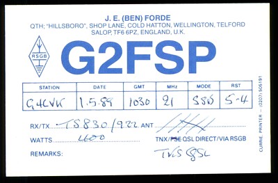 1 x QSL Card Radio UK G2FSP Cold Hatton Wellington Telford 1989 ≠ T666 ...
