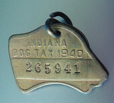 INDIANA DOG LICENSE Tag: Indiana Dog Tax 1940 (Dog's Head); BRASS TAG ...