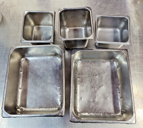 Lot of 5 ~ Stainless Steel Commercial prep table insert pans 1/6 & 1/2 ...