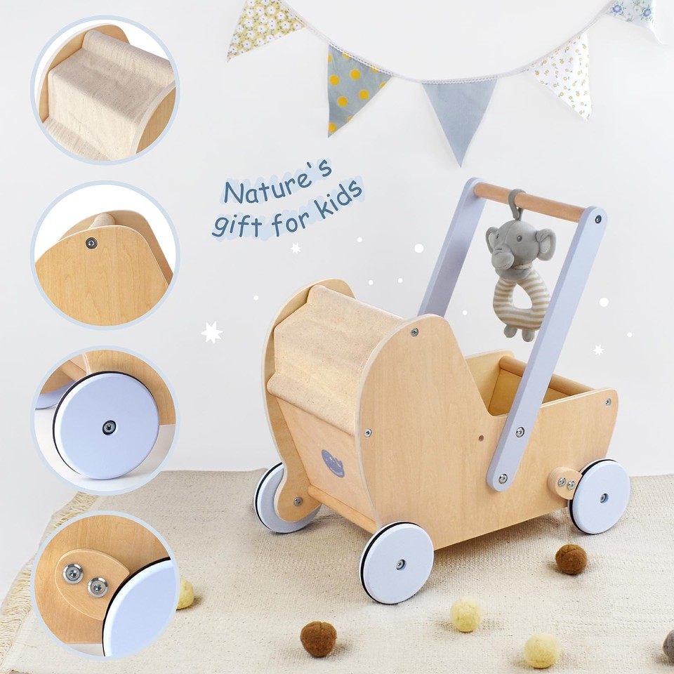 Wooden Baby Doll Pram Stroller, Baby Walker Push and Pull Doll Stroller ...