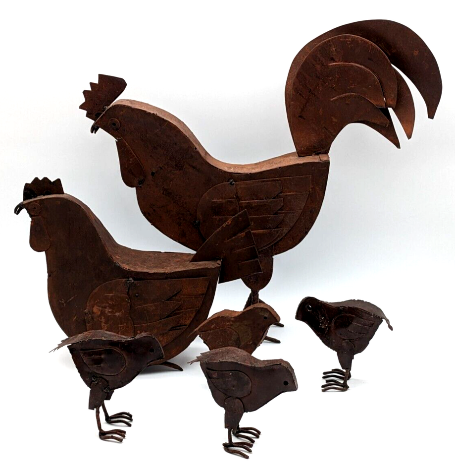 Vintage Rustic Metal Rooster Hen And Four Baby Chick Sculptures | eBay