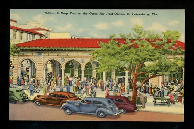 Post Office postcard Florida FL St Petersburg Open Air cars tree people ...