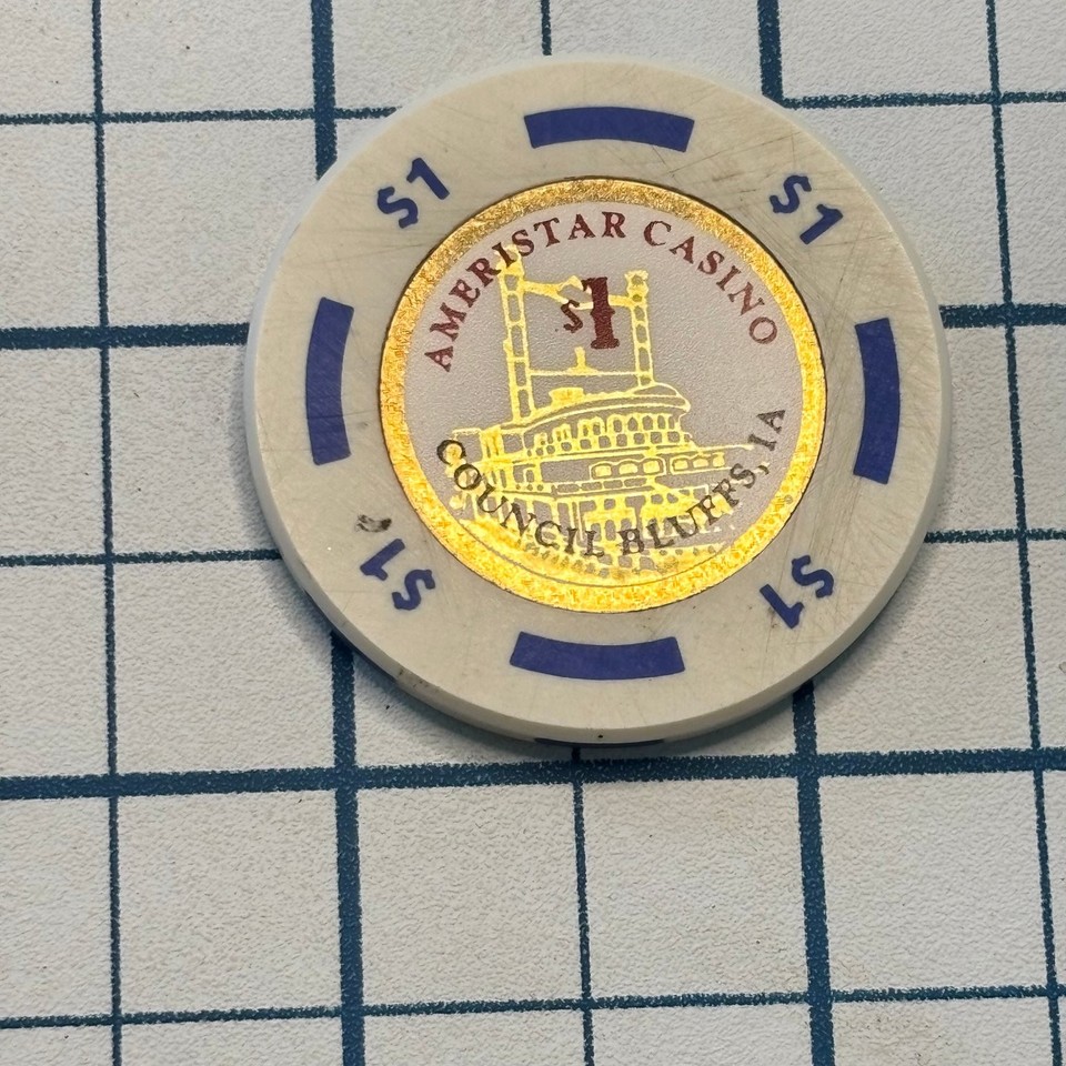 Ameristar Casino $1 Poker Chip Council Bluffs IA Iowa White Gold Blue ...