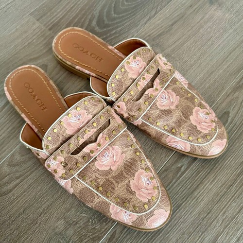 Coach Fiona Loafer Mules Tea Rose Signature C Logo Tan Pink Floral ...