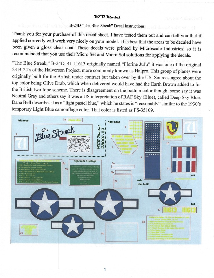1/48 Scale B-24 Liberator Decals "The Blue Streak" printed by ...