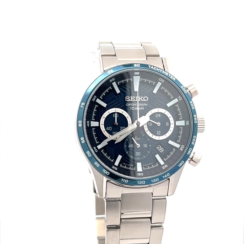 SEIKO Men's Watch Chronograph Blue Dial Stainless Silver Steel Bracelet ...