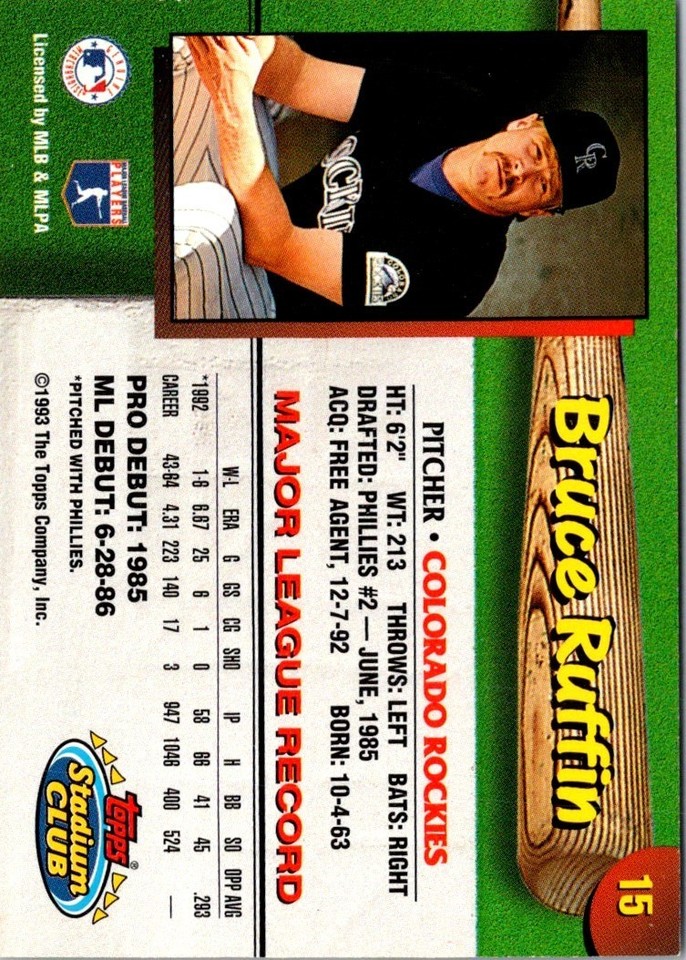 1993 Stadium Club Colorado Rockies Bruce Ruffin #15 Colorado Rockies | eBay