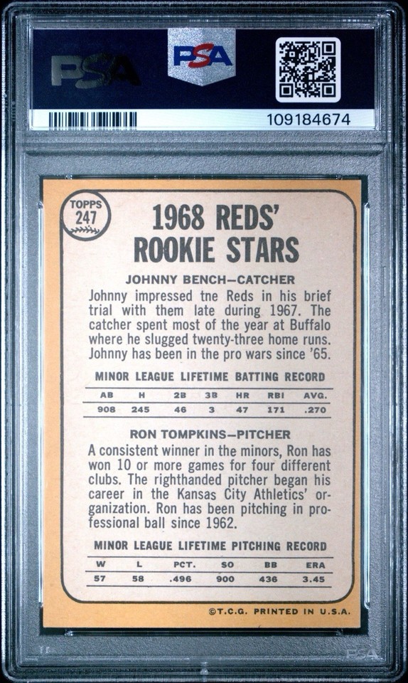 1968 Topps Johnny Bench RC Reds Rookie Card Stars #247 PSA 8 FRESH ...