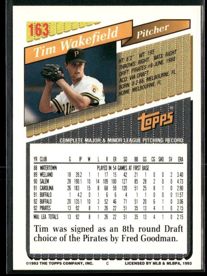 1993 Topps #163 Tim Wakefield Gold | eBay