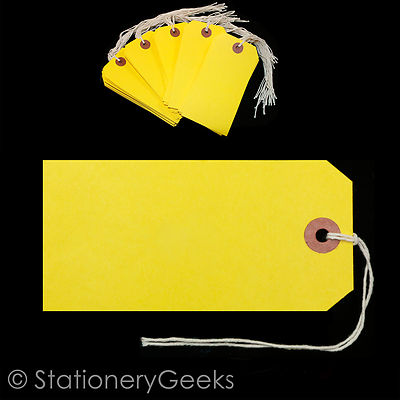 50 Yellow Strung Tags 120 x 60 mm String Tie On Parcel Luggage Tag ...