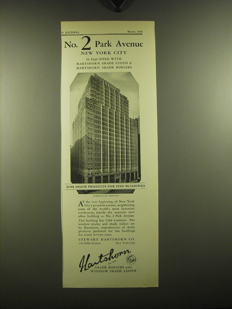 1929 Hartshorn Shade Cloth & Shade Rollers Ad - No. 2 Park Avenue New ...