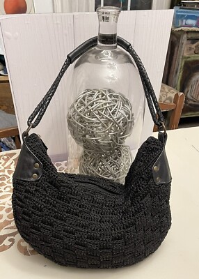 The Sak Jessica Crochet Black Purse Vintage Leather Handles Hobo | eBay