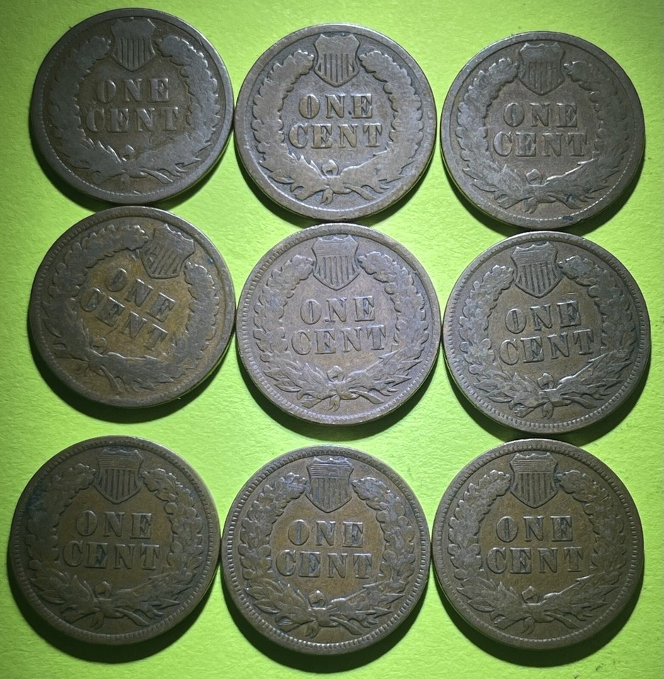 INDIAN HEAD PENNY COINS (9) - 1893 1895 1896 1900 1902 1903 1904 1906 ...