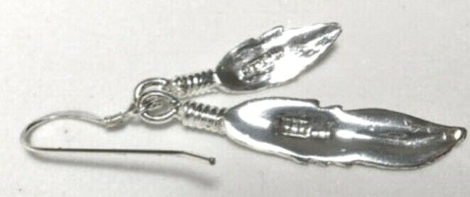 SIGNED "HAN" STERLING SILVER 925 SMALL LARGE DANGLING FEATHERS PIERCED ...