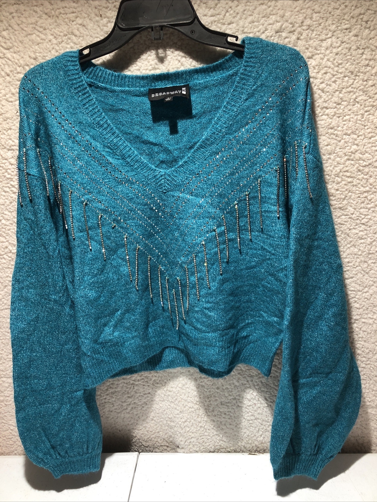 Women’s Broadway 38 Teal V- Neck Bling Sweater M NWT | eBay