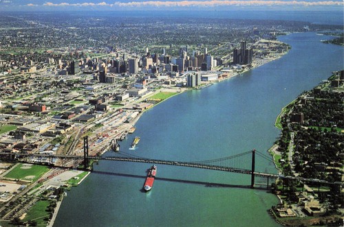 Detroit River Michigan Aerial View Vintage Continental Postcard ...