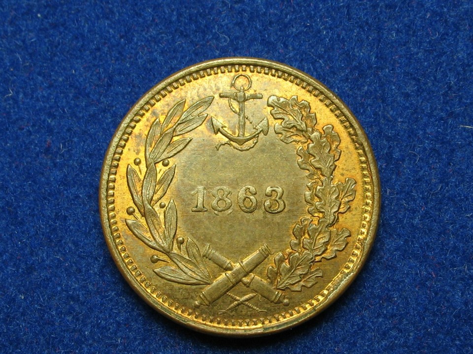 OLD COPPER COIN! RARE BU UNC. CIVIL WAR TOKEN "1863 OUR LITTLE MONITOR ...