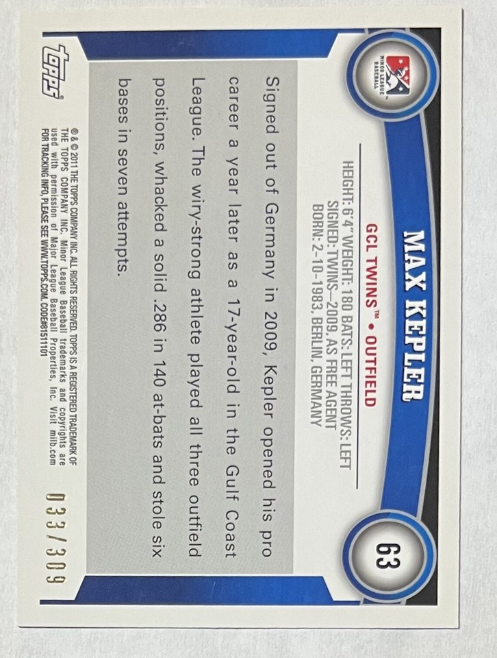 Max Kepler 2011 Topps Pro Debut BLUE GCL Twins Prospect RC Card #63 ...