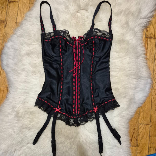 Vintage Gossard Black Satin&Lace Corset Bustier with Garters 34 B made ...